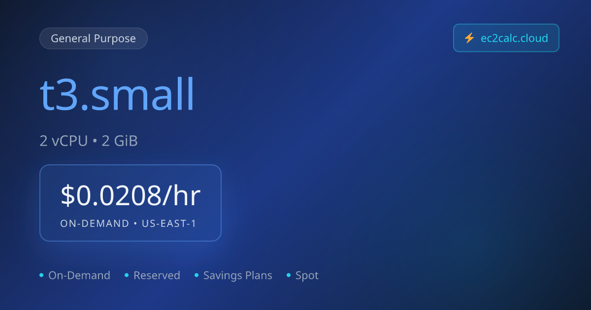 t3.small: $0.0208/hr — 2 vCPU, 2 GiB | EC2 Pricing